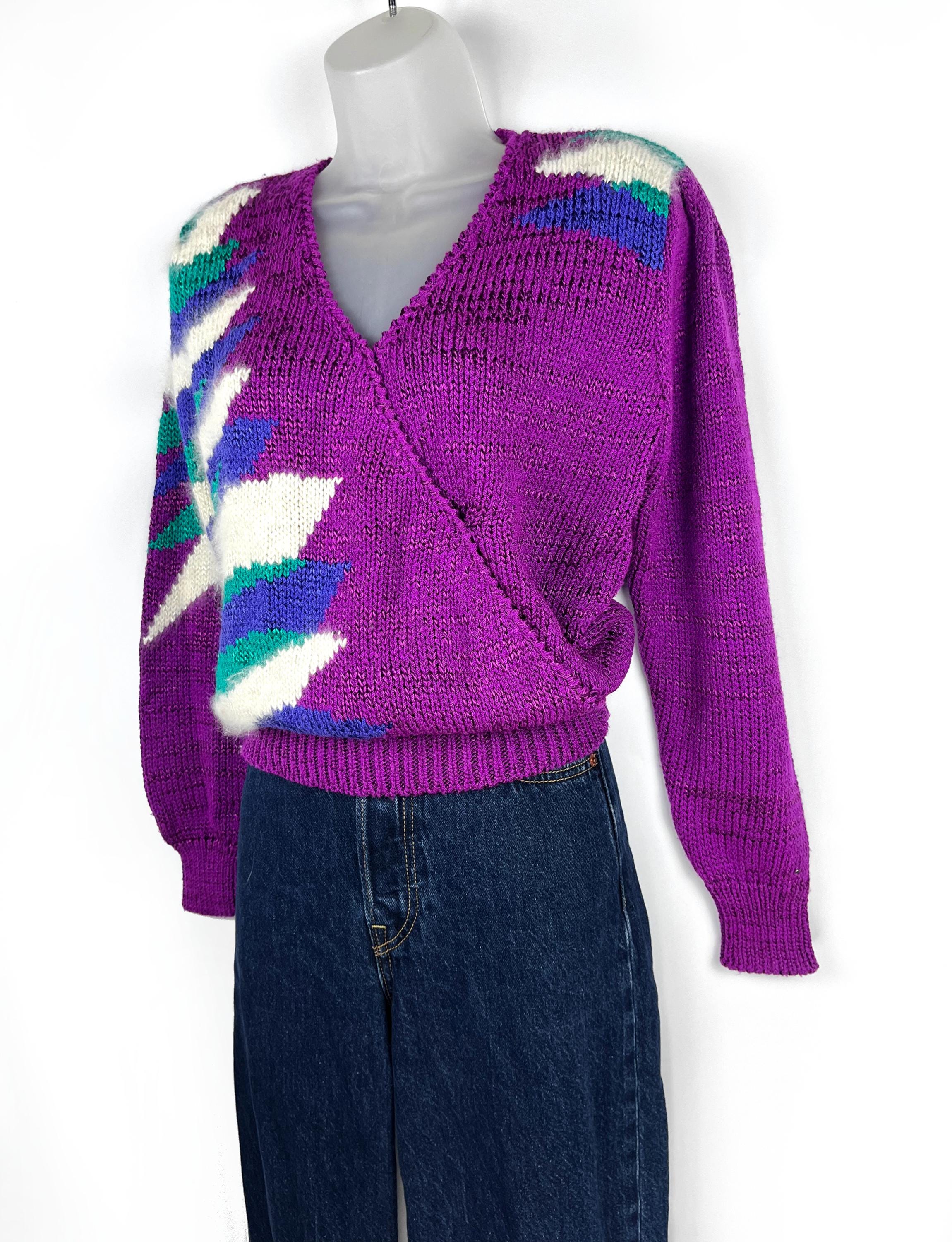 80s Vintage Orchid Purple Angora Blend Faux Wrap Intarsia Sweater Small ...