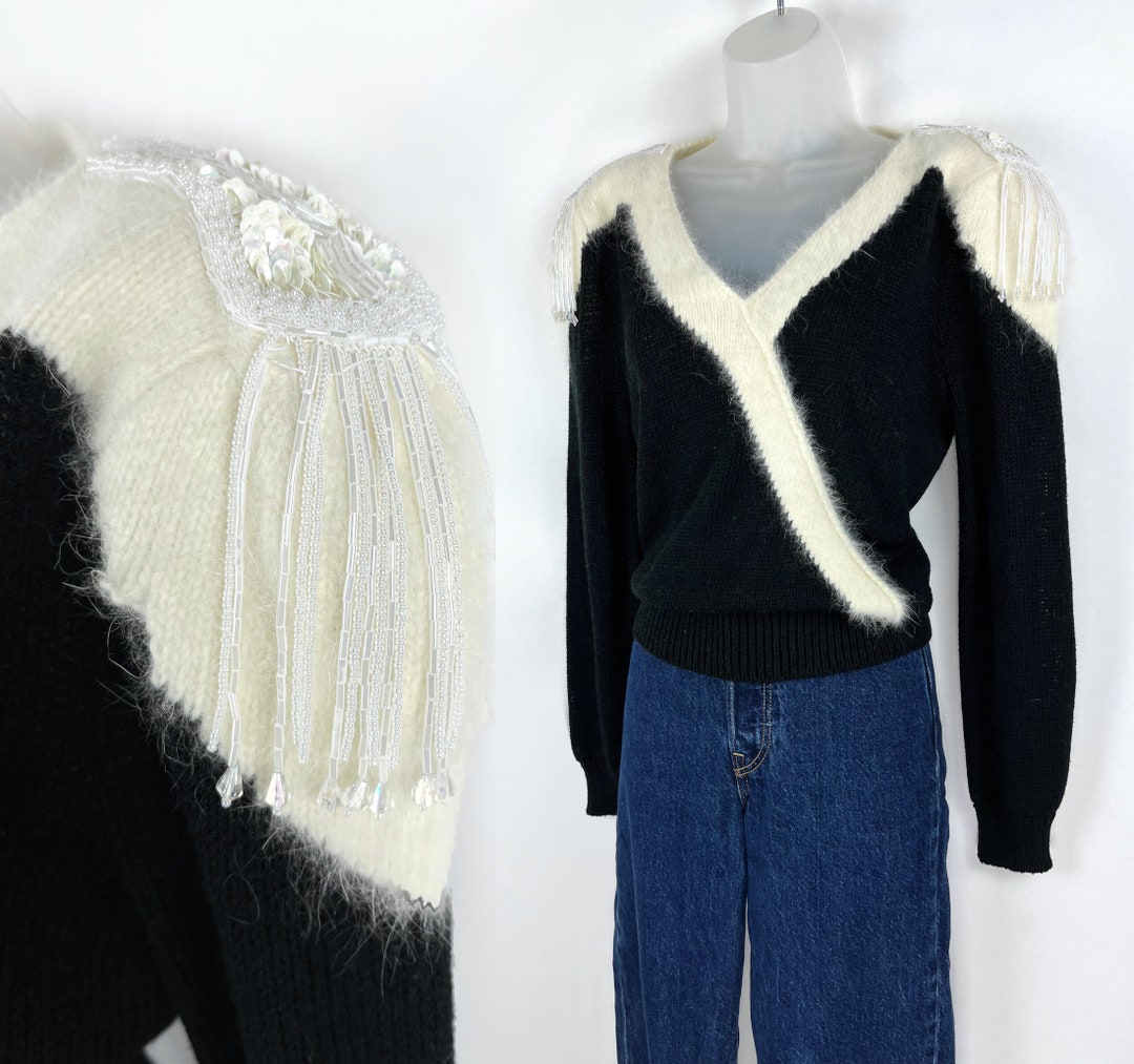 80s Vintage Black and White Angora Faux Wrap Sweater With Shoulder ...