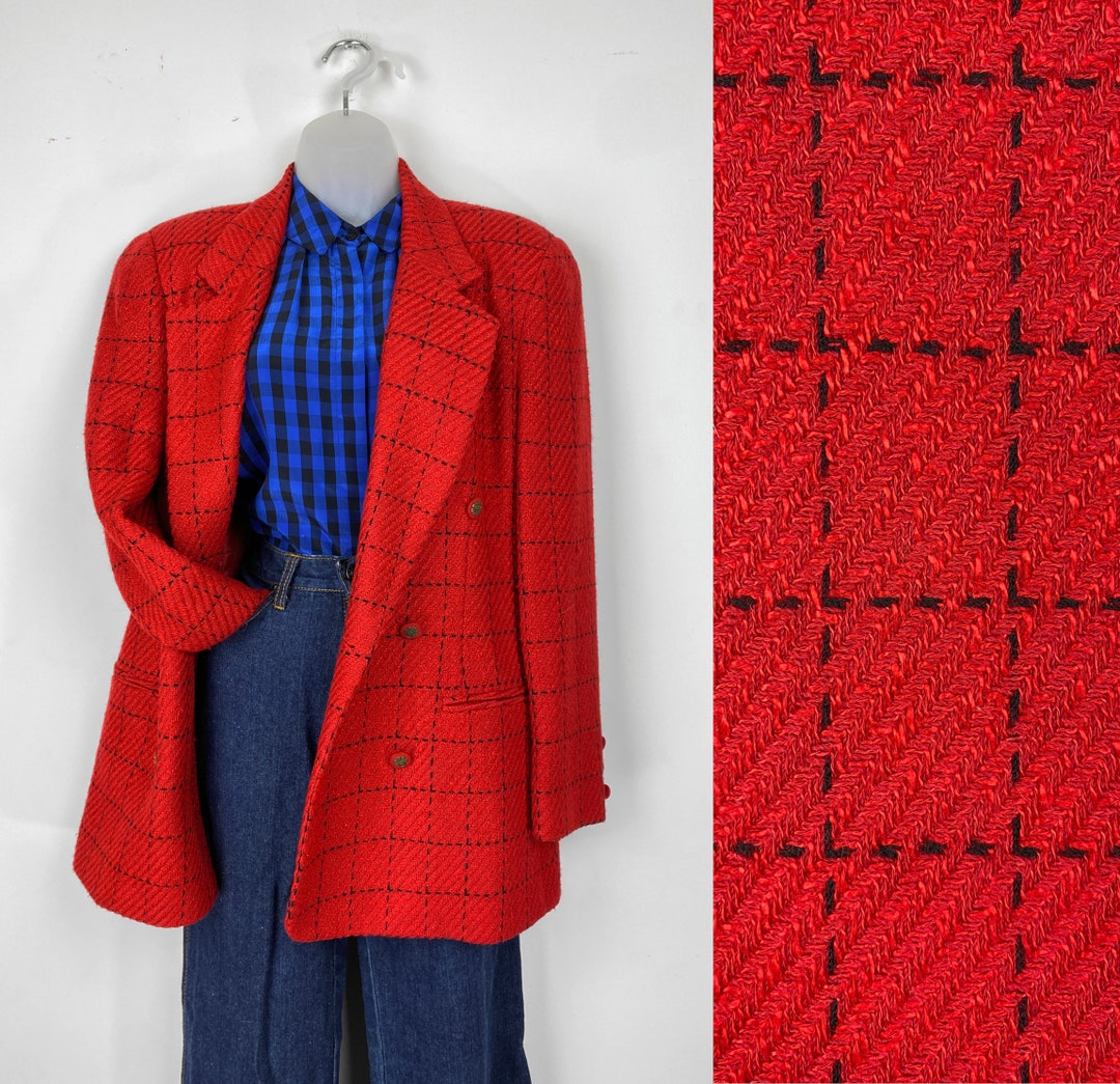 90s VINTAGE Cherry Red Pinstripe Plaid Womens Oversize Blazer, Size 10 ...