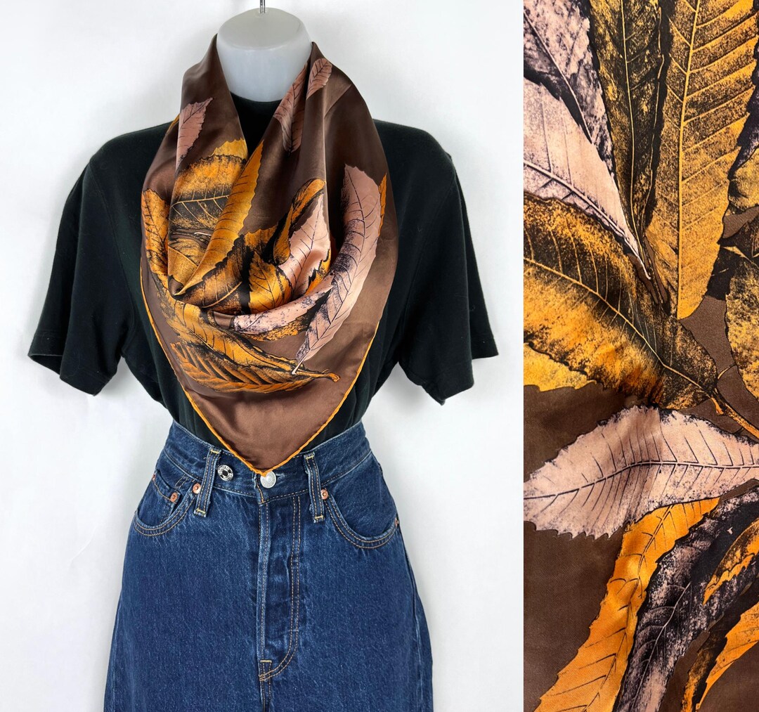80s Vintage Brown and Gold Leaf Print Square Scarf Sawtooth Oak Elm ...