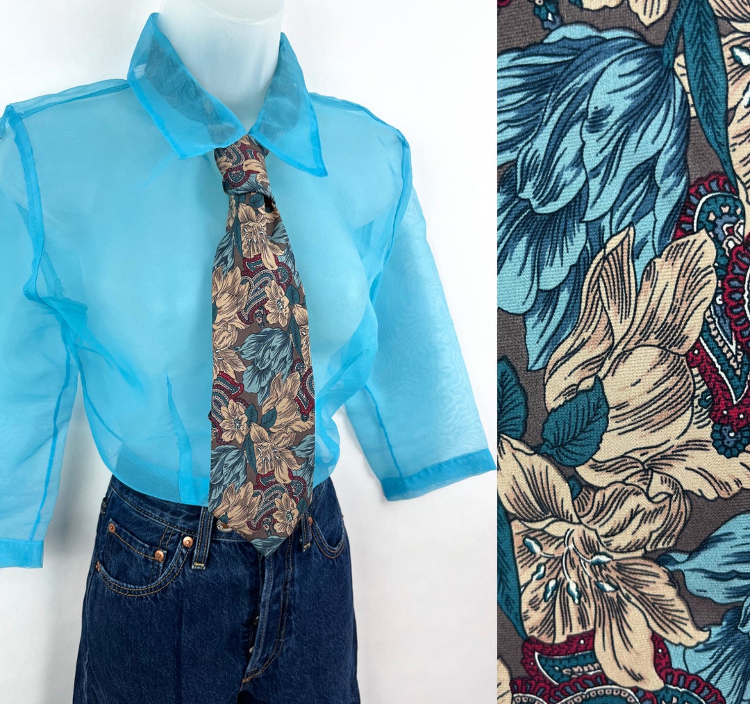 90s Vintage Blue and Brown Floral Paisley Silk Necktie Blue Floral Tie ...