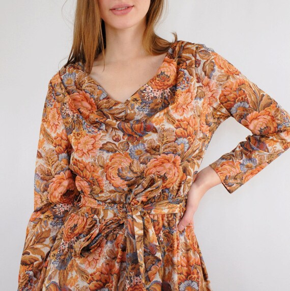 70s rust floral tapestry print cowl neck maxi dress, … - Gem