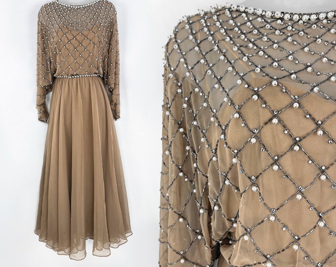 80s Vintage Victoria Royal LTD Beige Chiffon Beaded Evening Gown ...