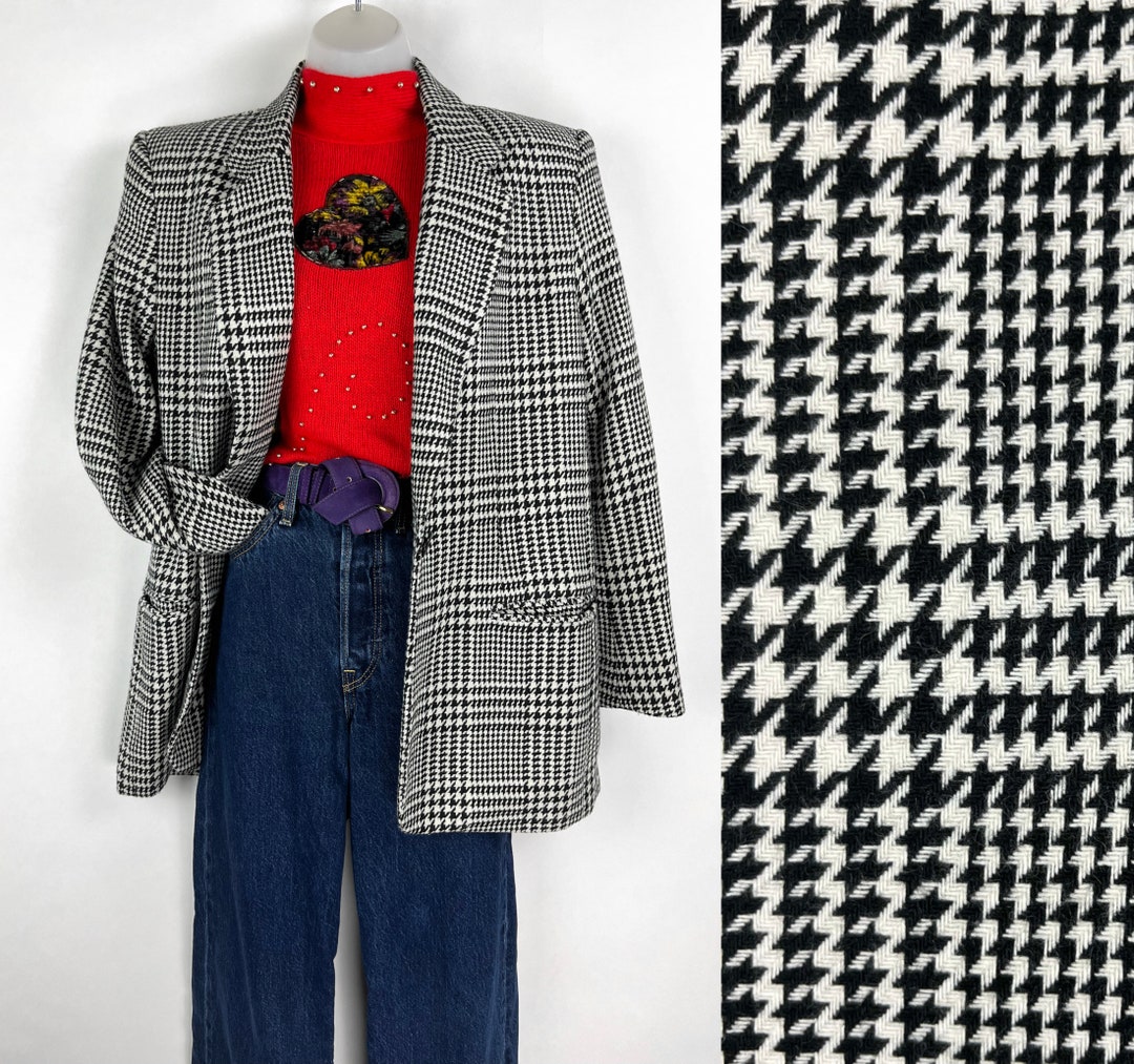 90s Vintage Black and White Houndstooth Plaid Wool Blend Blazer Size 10 Medium Large Women's ...