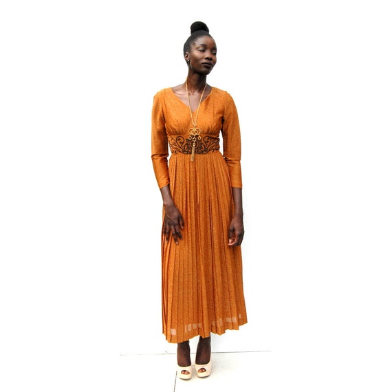70s rust gold Lurex long sleeve maxi formal dress ALF… - Gem