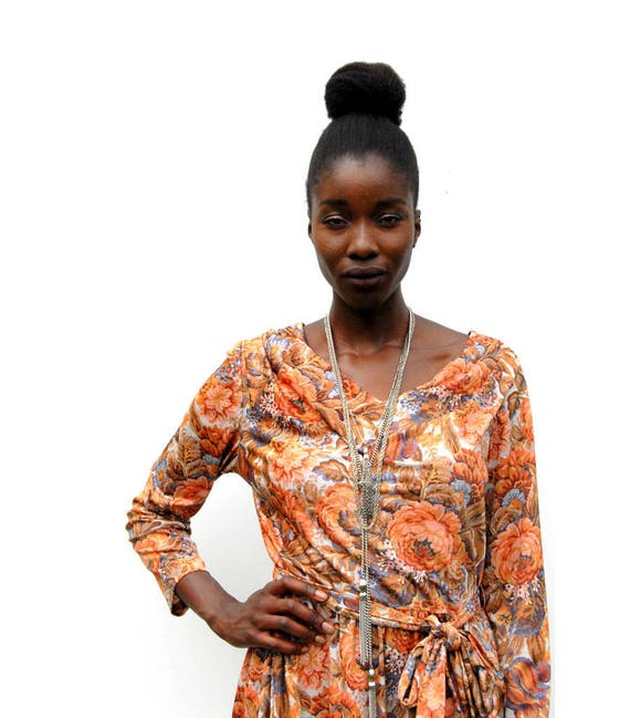 70s rust floral tapestry print cowl neck maxi dress, … - Gem