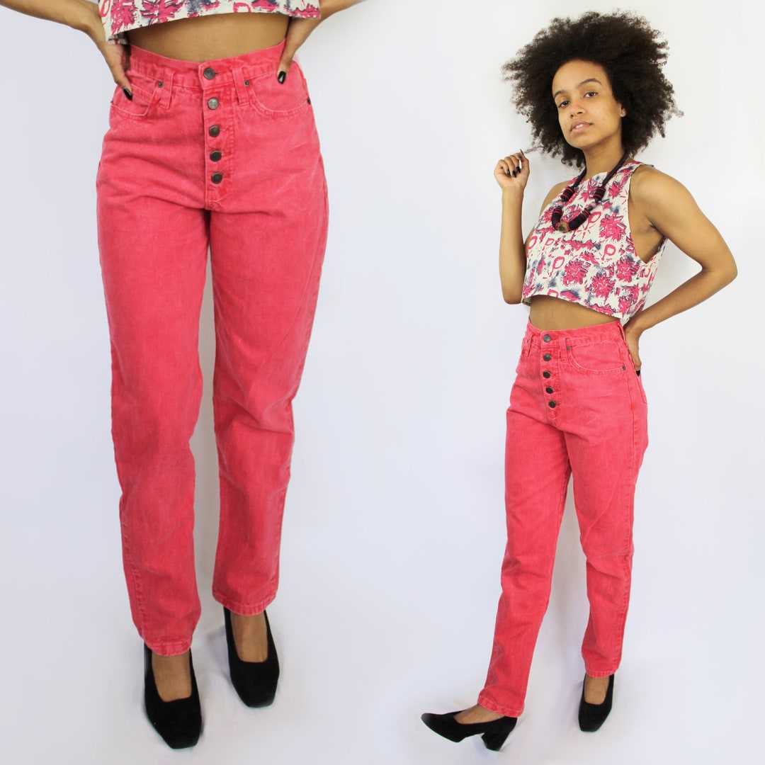 90s Coral Red High Waist Button Fly Jeans PETITE 24 Inch Waist, Coral ...