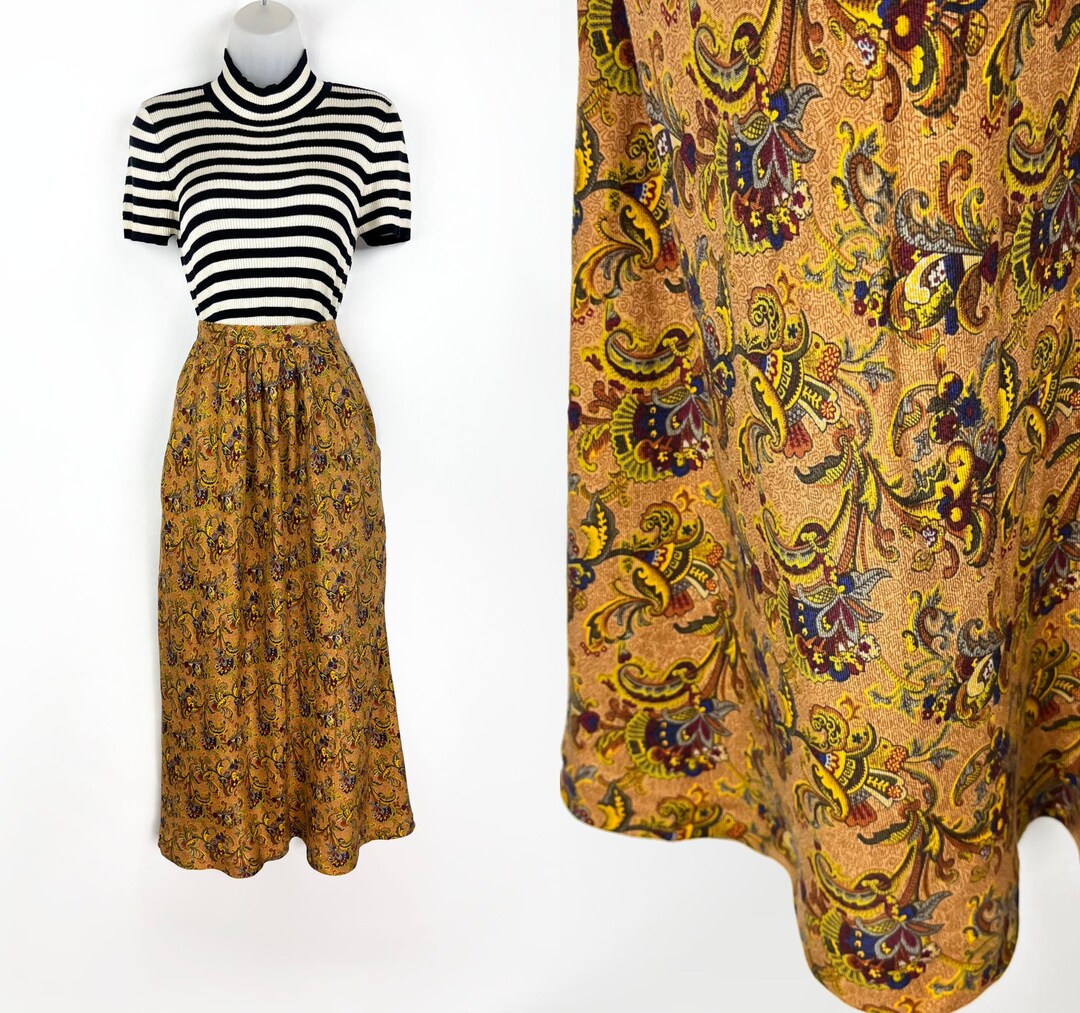 90s Vintage Gold Paisley Filigree Print Midi Skirt Size 6, 26 Inch ...