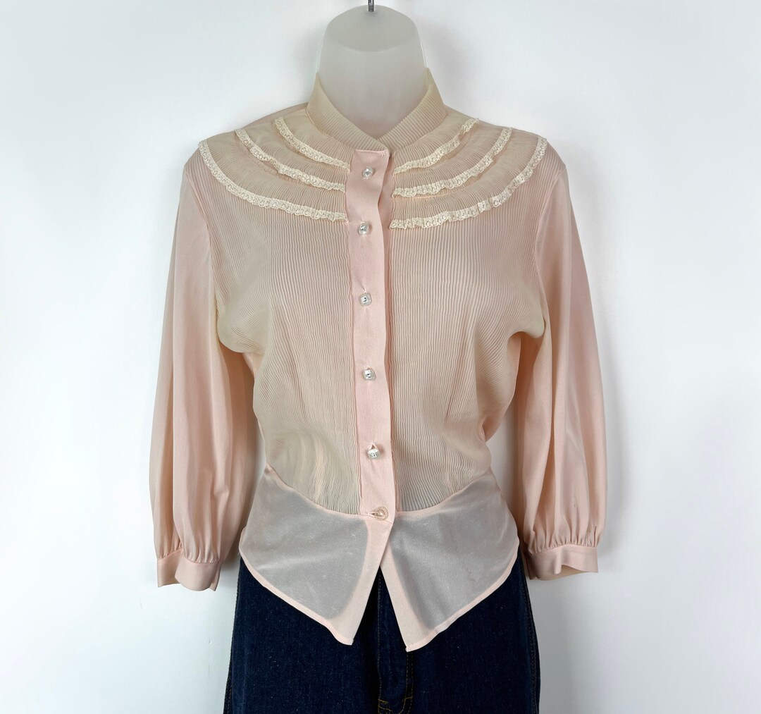 50s Vintage Pale Rose Pink Sheer Pleated Peplum Blouse With Lace ...