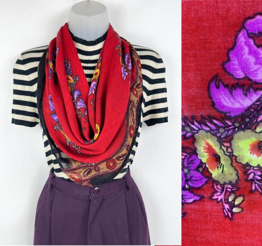 90s Vintage Bright Red Scarf With Yellow and Purple Florals Patterned ...