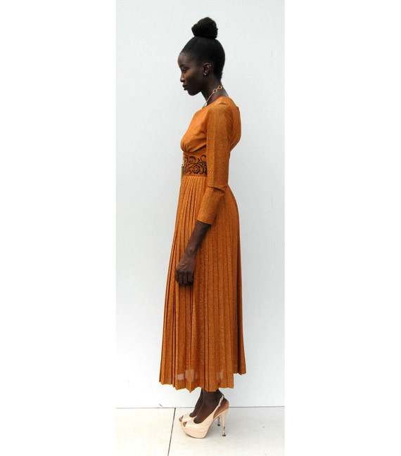 70s rust gold Lurex long sleeve maxi formal dress ALF… - Gem