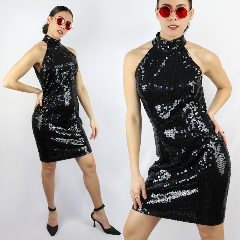 90s Black Sequin Halter Dress TRINITY MATRIX COSTUME Size 8 - Etsy