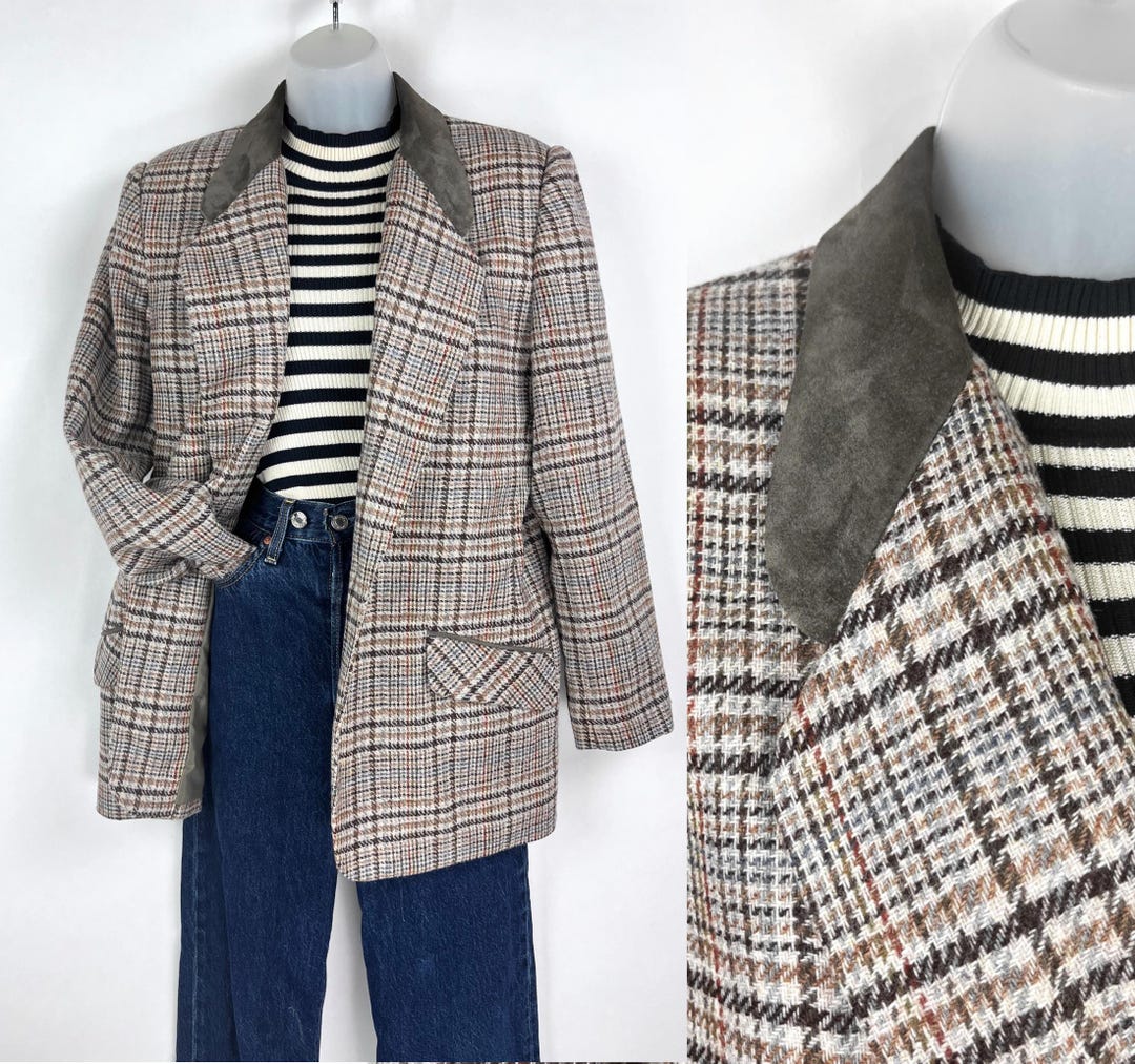 80s Vintage Brown Beige and Grey Houndstooth Wool Blazer With Grey ...