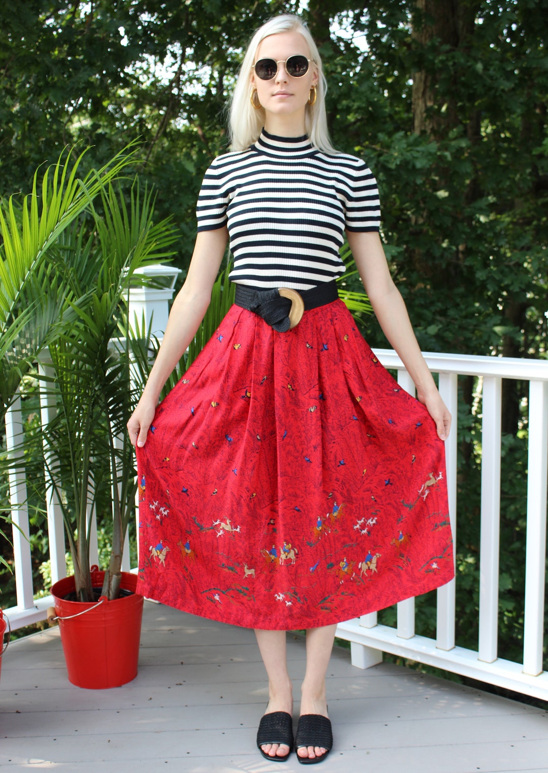 90s Red Hunting Print Midi Skirt, Stag Hunt, Farmcore, Red Midi Skirt ...