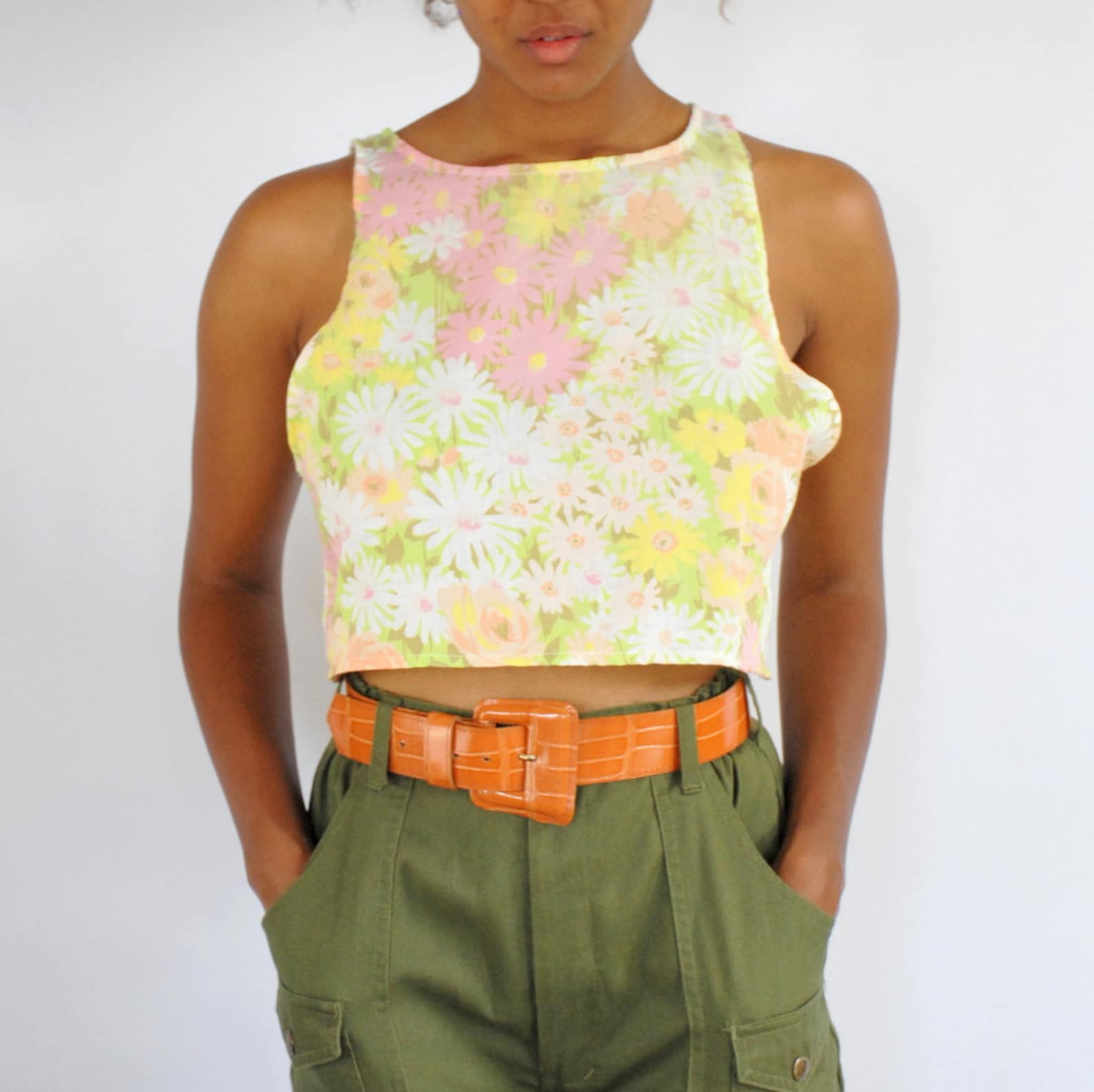 60s Retro Pastel Floral Print Crop Top Medium Festival Top - Etsy