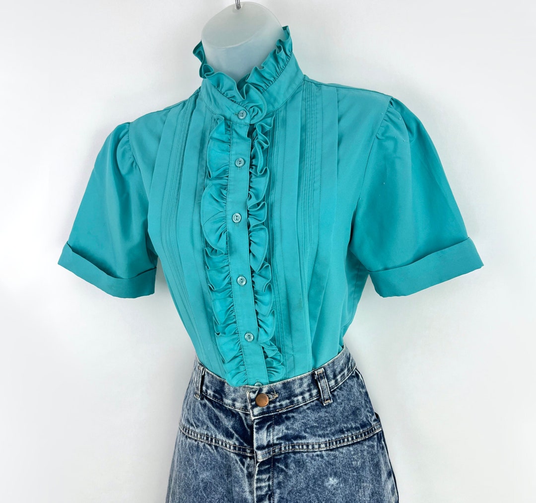 80s Vintage Aqua Blue High Neck Ruffle Short Sleeve Button Blouse Small ...