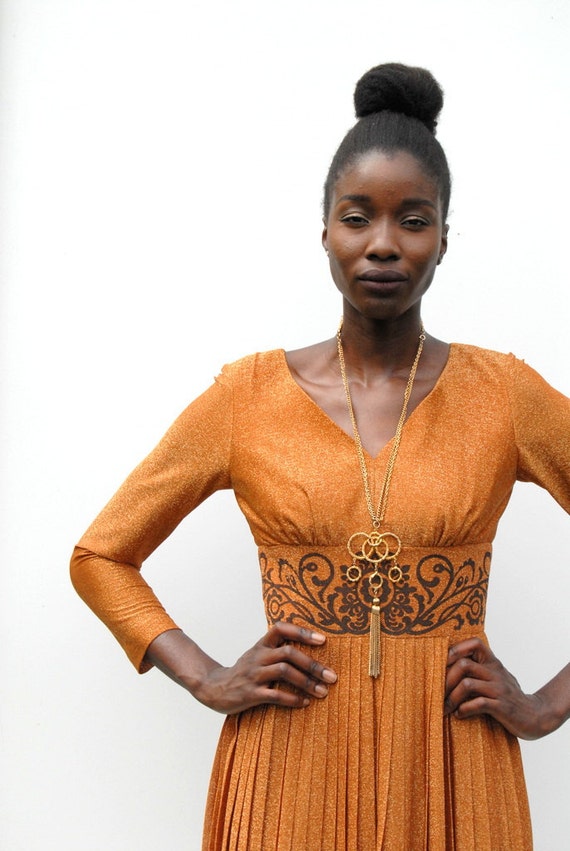 70s rust gold Lurex long sleeve maxi formal dress ALF… - Gem