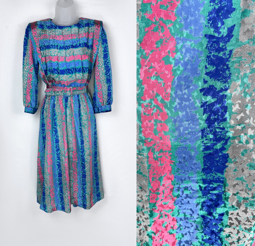80s Vintage Jewel Tone Abstract Stripe Pleated Blouson Midi Dress Size ...