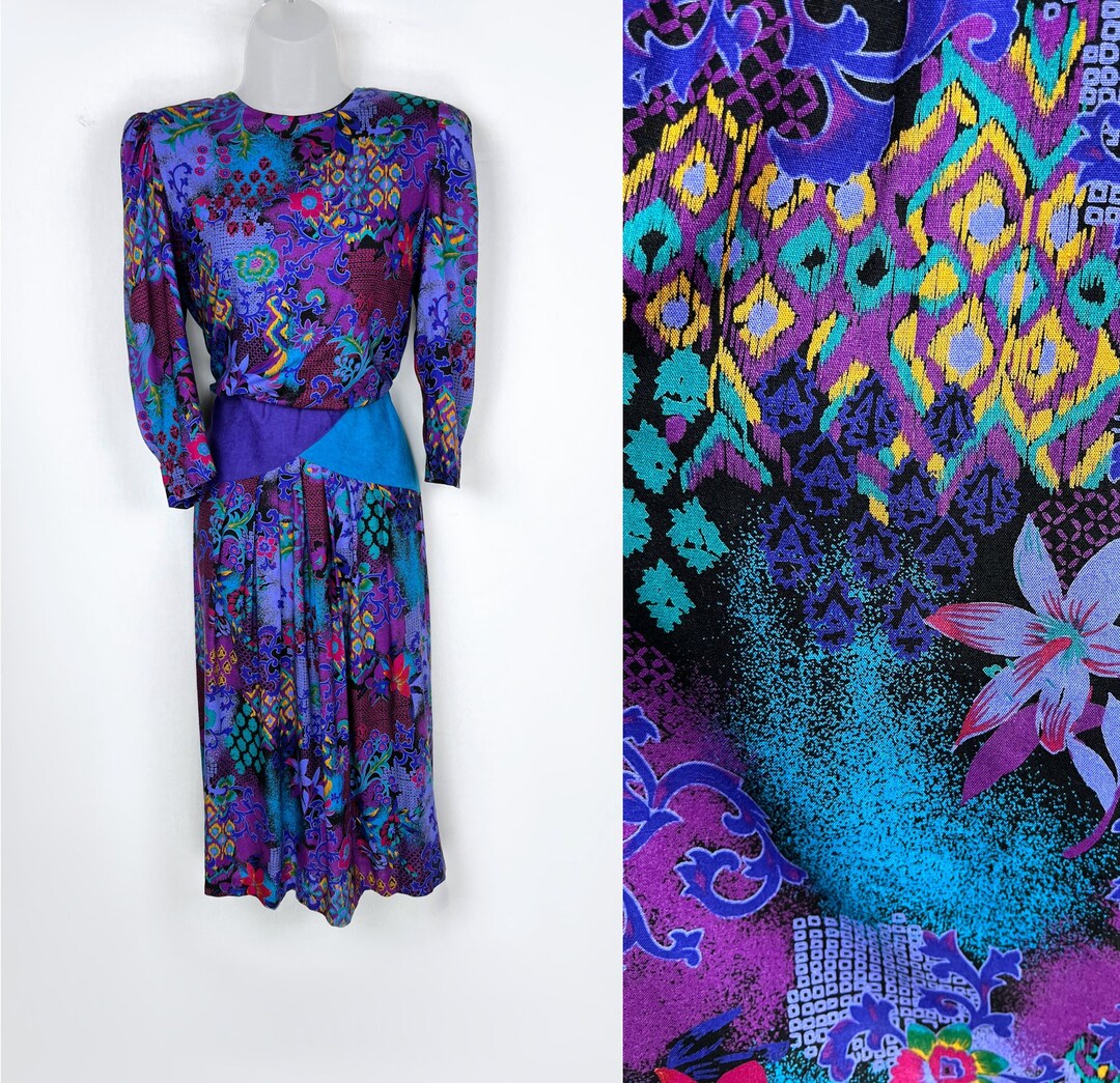 80s Vintage Purple and Blue Floral Print Dress With Microsuede Waist ...