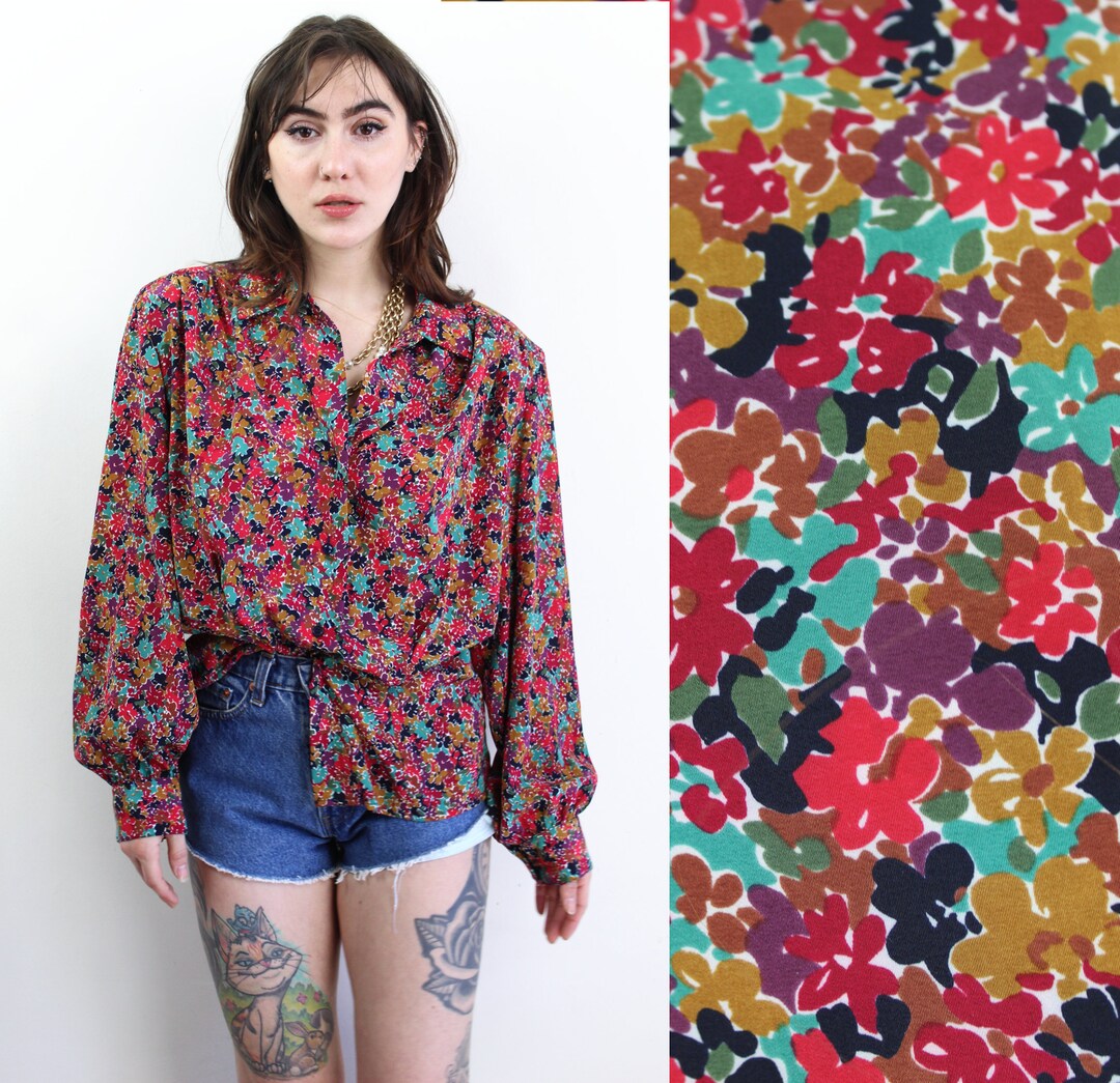 90s Rainbow Jewel Tone Floral Poly Blouse With Bishop Sleeve, Floral ...