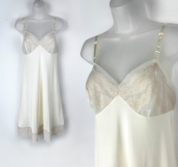 80s vintage midi length slip with sheer lace bust and… - Gem