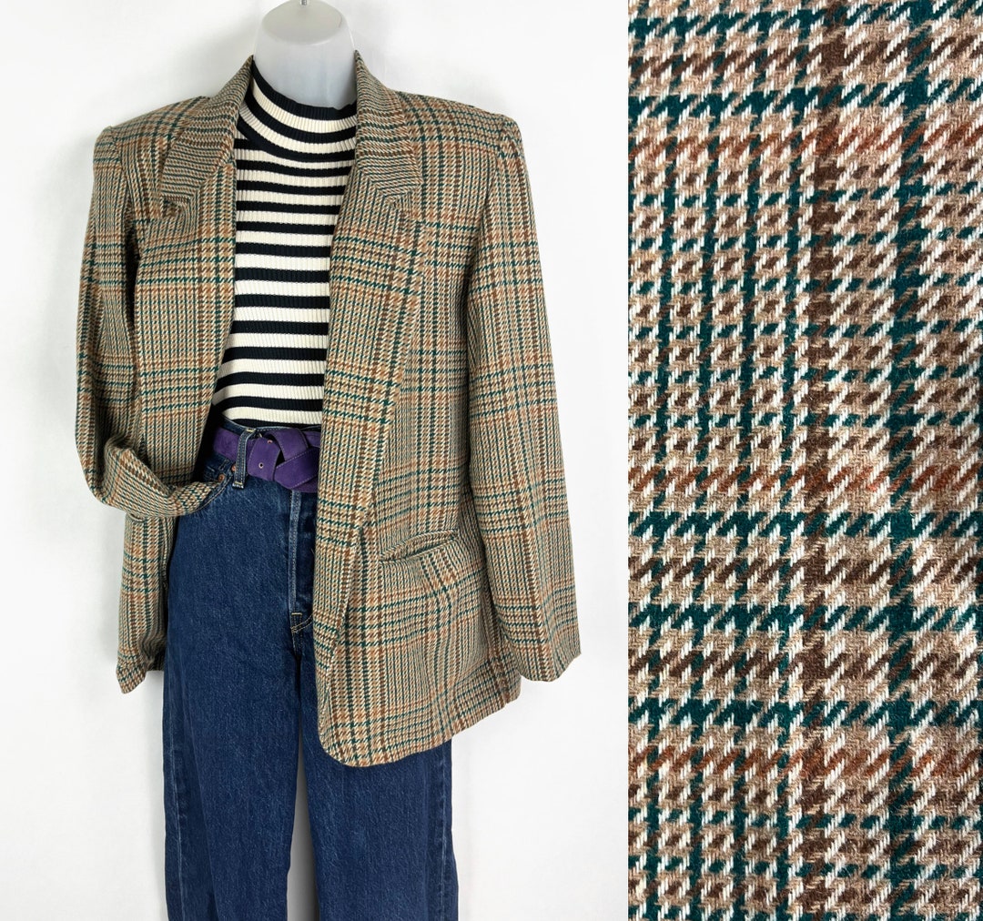 80s Vintage Brown Beige and Green Houndstooth Wool Blend Blazer Women's ...