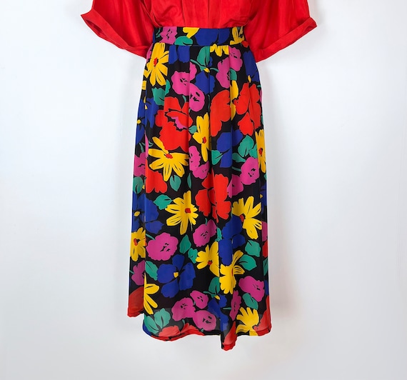 80s vintage primary colors floral print sheer midi sk… - Gem