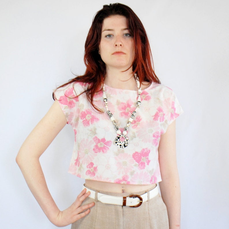 White and Pink Floral Cap Sleeve Crop Top, Medium, Cottagecore ...