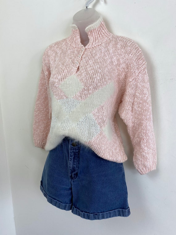 80s vintage pale pink and white angora argyle henley … - Gem