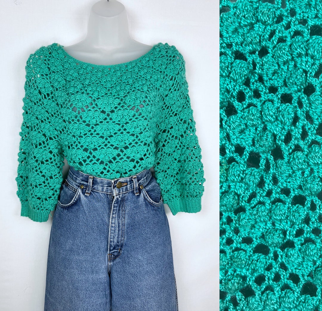 80s Vintage Cyan Green Blue Pompom Crochet Sweater Small Medium Summer ...