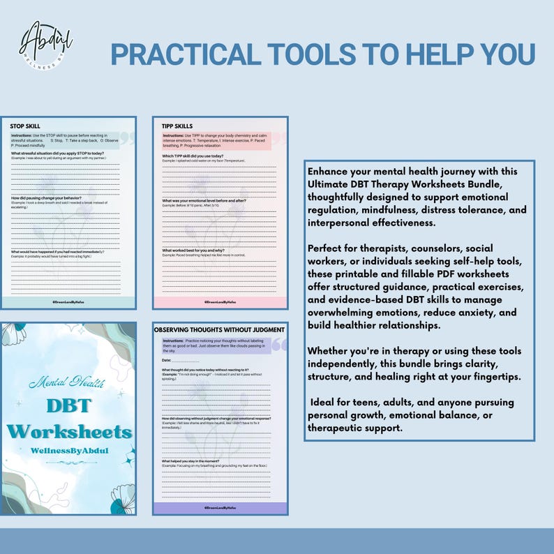 DBT Therapy Worksheets Bundle: Emotional Regulation, Mindfulness ...