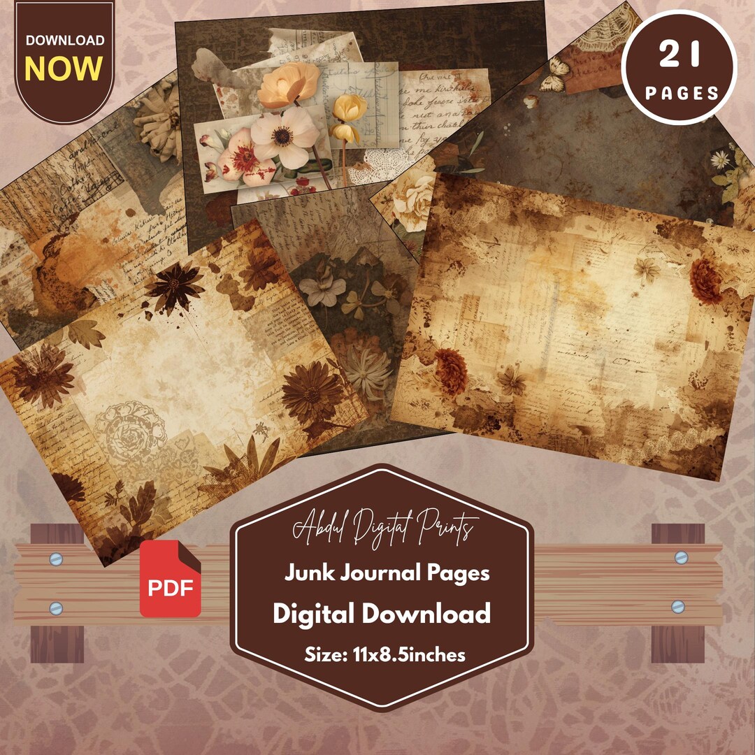 Dark Brown Grunge Paper, Junk Journal Pages: 24 Vintage Mixed Media ...