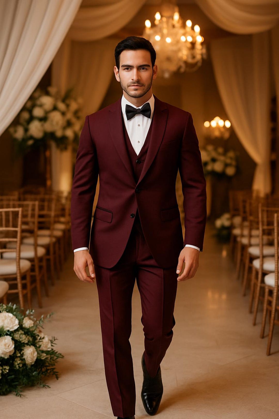 Maroon Tuxedo Suit: 3-piece Wedding Outfit With Bow Tie Formal Outfit ...