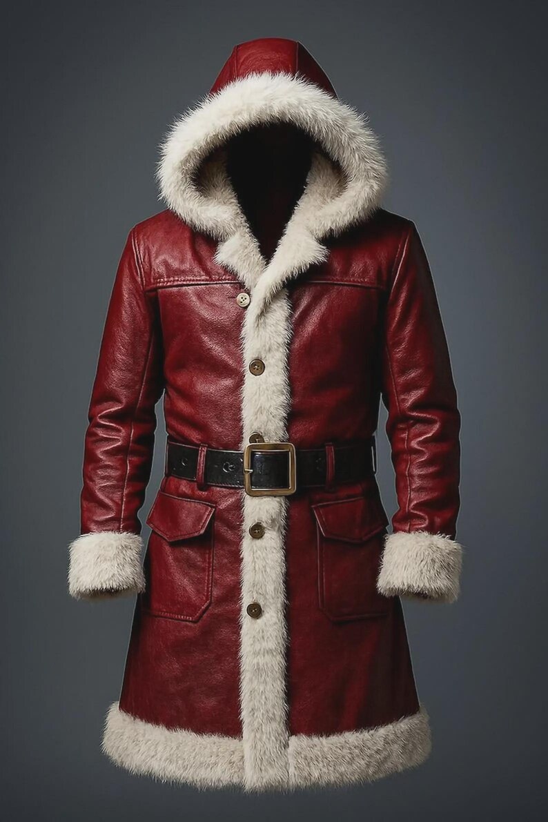 Santa Claus Red Real Leather Coat With Hood | Christmas Fur Belted ...