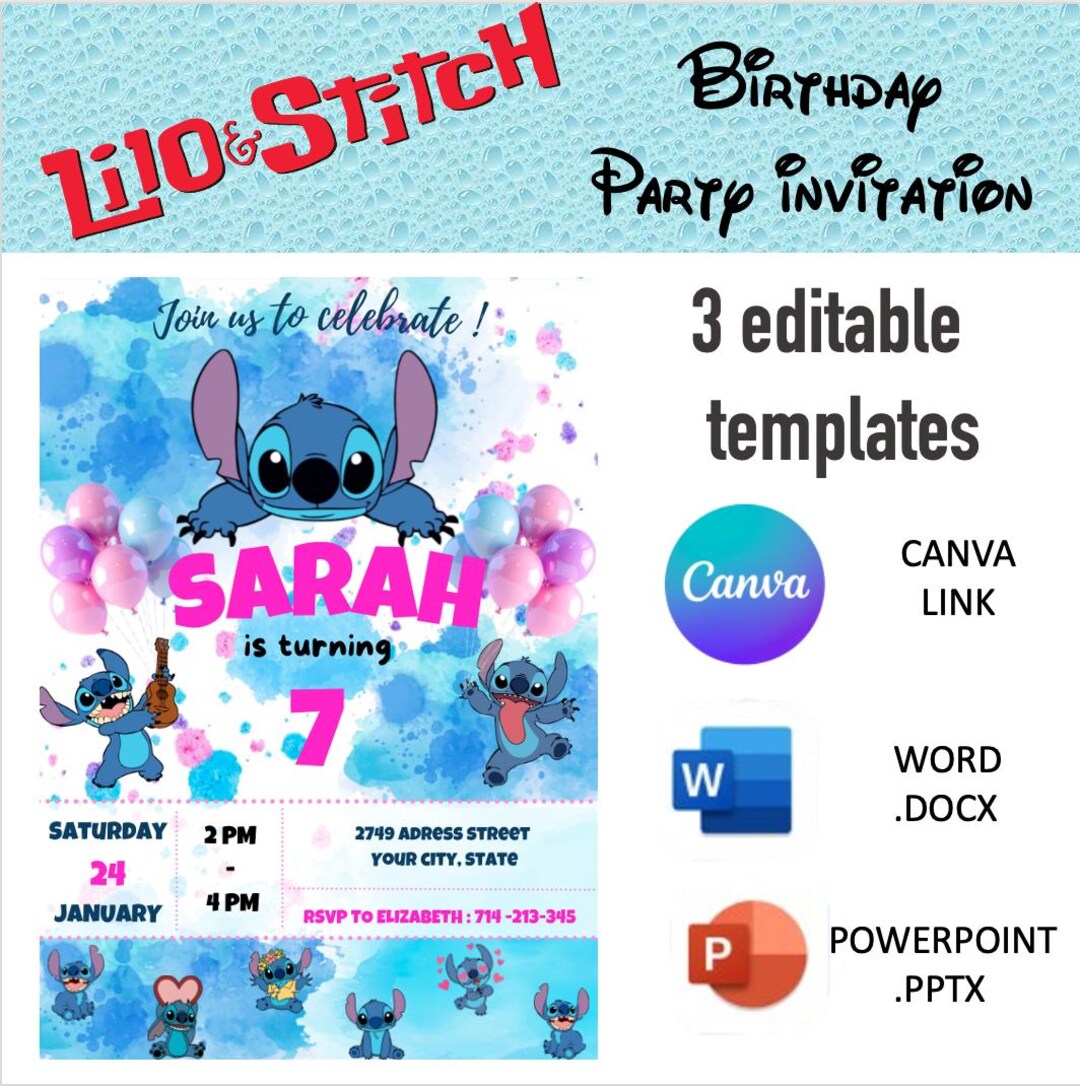 Lilo and Stitch Invitation, Template, Editable Stitch, Canva Editable ...
