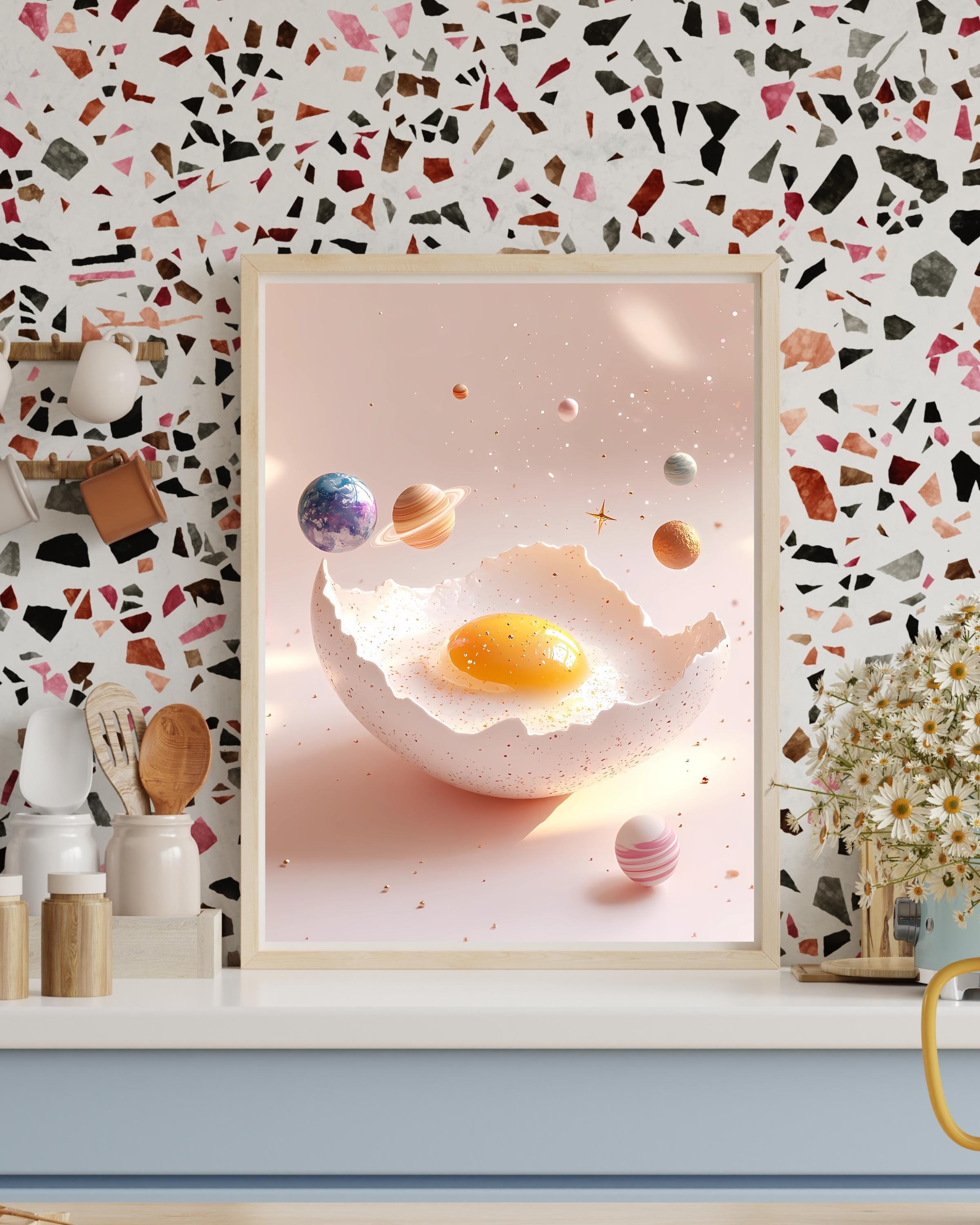 Surreal Egg Galaxy Wall Art – Dreamy Cosmic Breakfast Print, Whimsical Planet Kitchen Decor, 4x5 ...