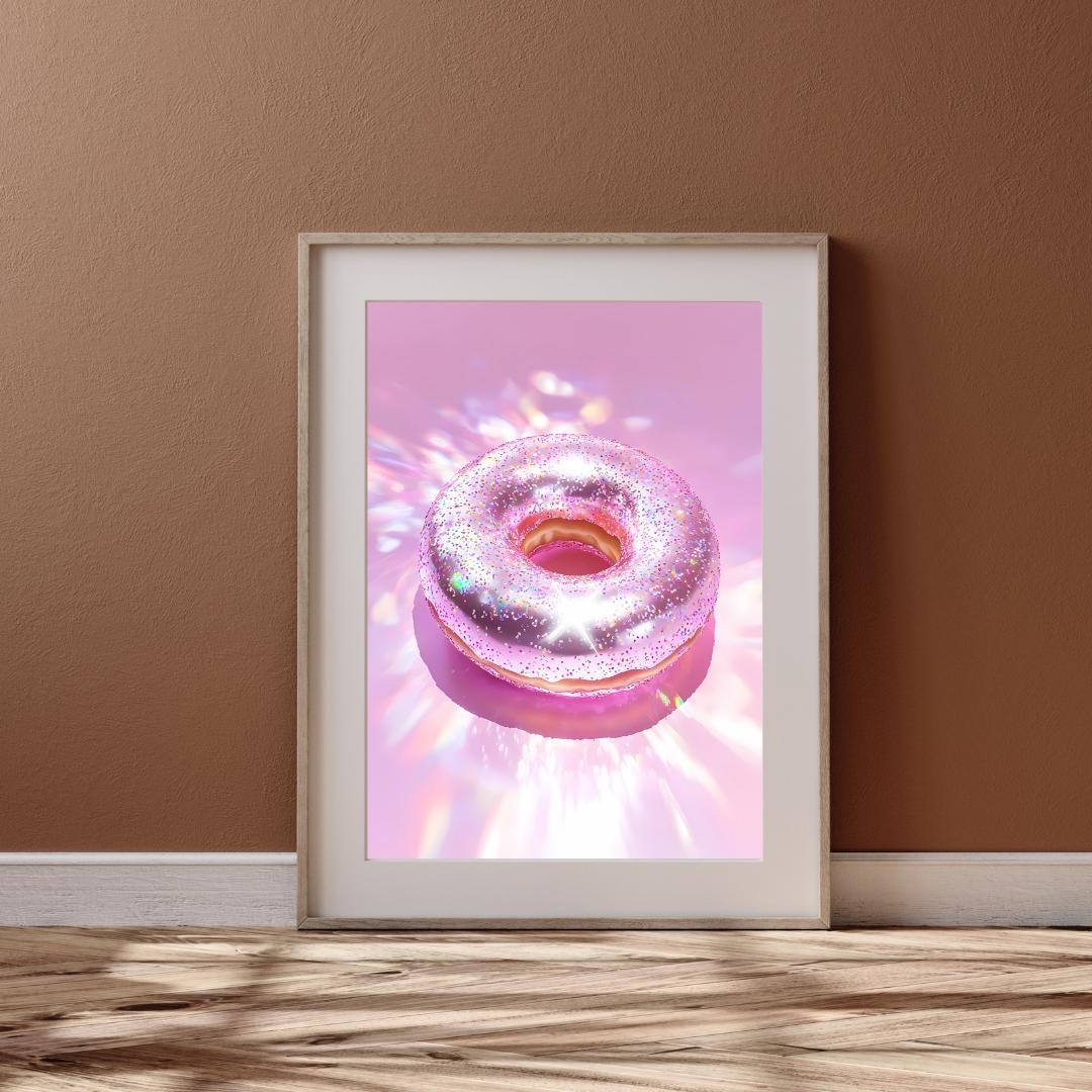 Sparkly Pink Donut Poster – Kawaii Y2K Wall Art, Glitter Donut Print ...