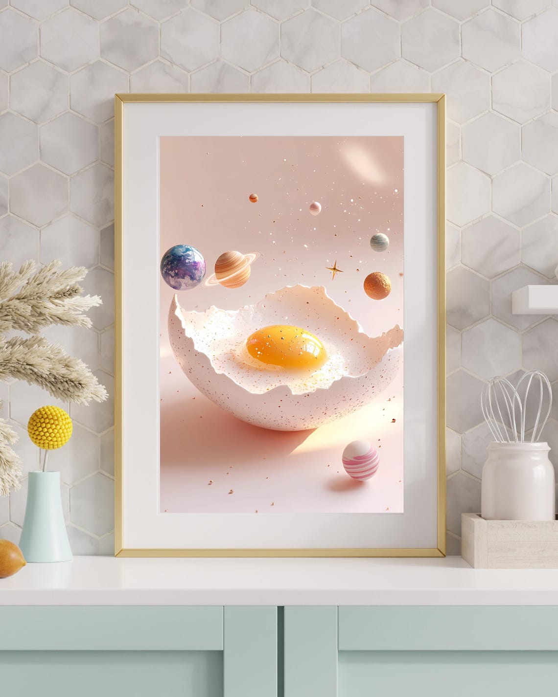 Surreal Egg Galaxy Wall Art – Dreamy Cosmic Breakfast Print, Whimsical Planet Kitchen Decor, 4x5 ...
