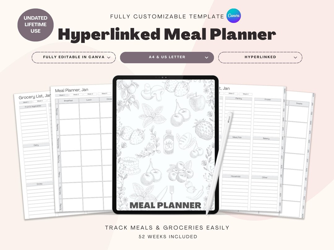 Hyperlinked Meal Planner Digital Food Diary - Grocery List - Printable ...
