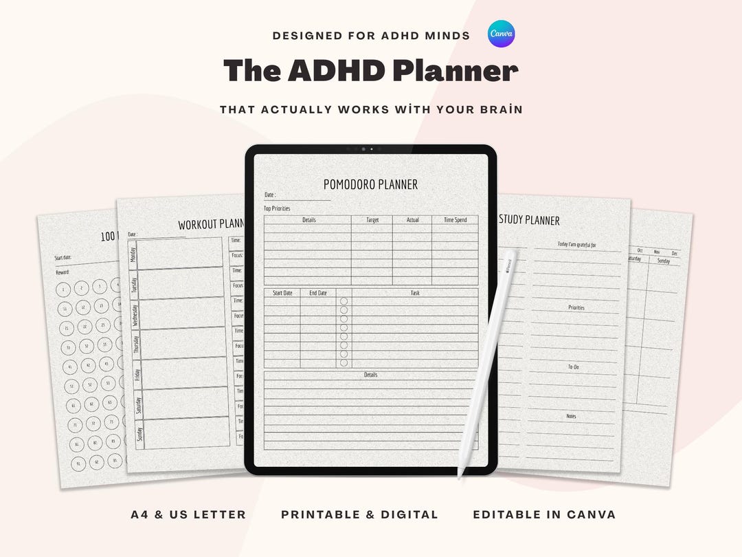 ADHD Planner Digital, Undated Printable - ADHD Organizer, Focus - Habit ...