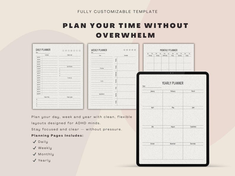 ADHD Planner Digital, Undated Printable - ADHD Organizer, Focus - Habit ...