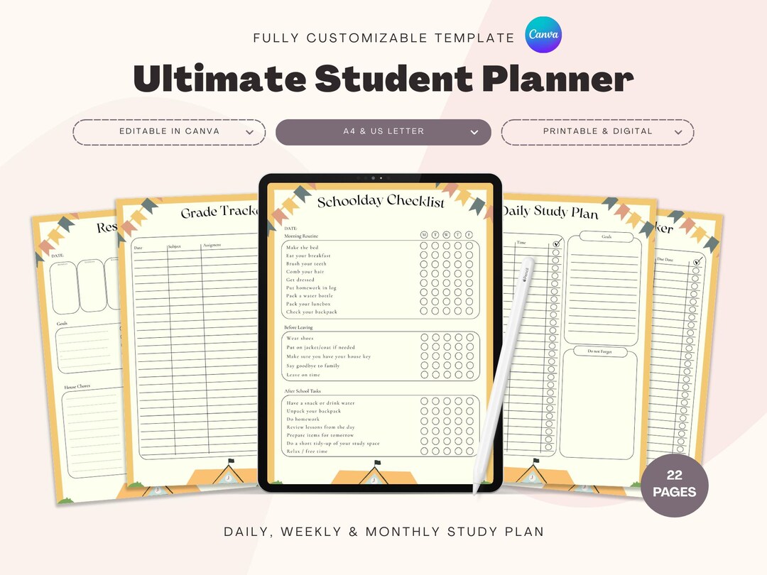 Editable School Planner: Canva Template, Study Tracker (A4/US Letter ...
