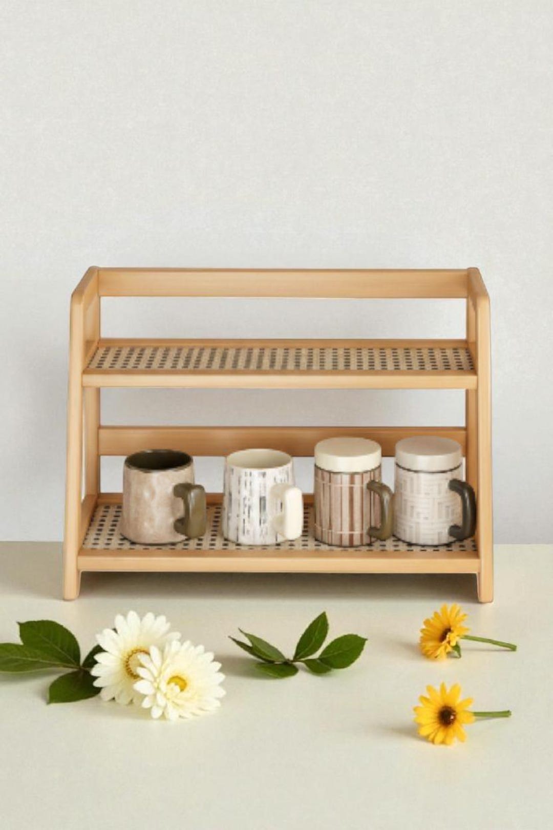 Kitchen Organizer - Wooden Storage Shelf With Rattan Desktop Organizer ...