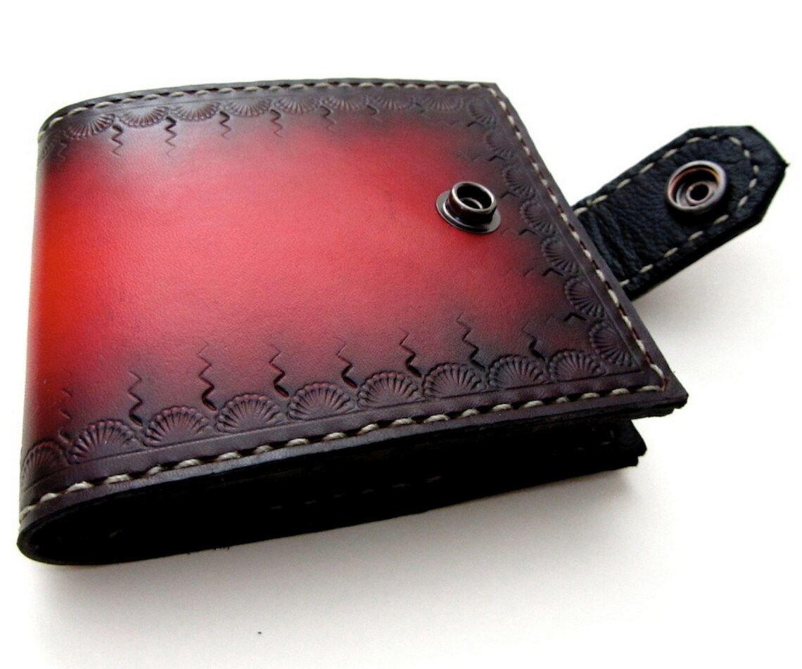 Mens Leather Wallet Red Tooled Bifold With Snap Custom Unique | Etsy