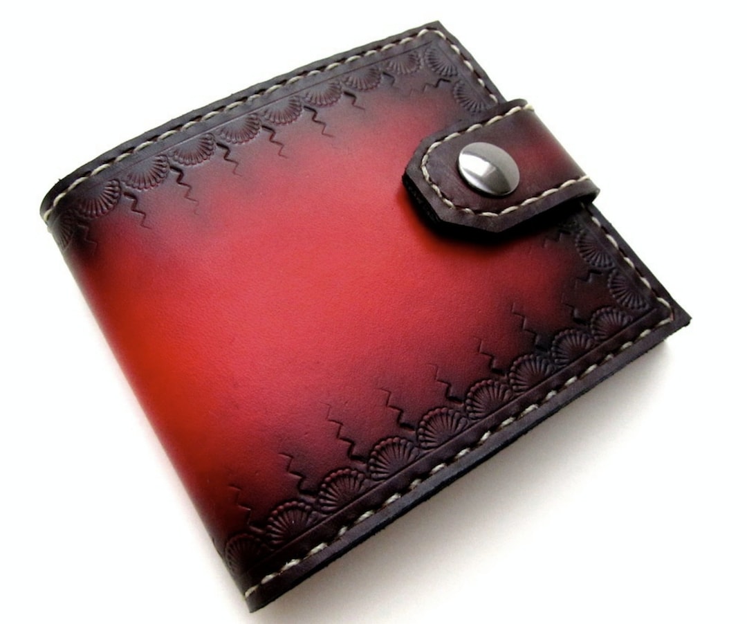 Mens Leather Wallet Red Tooled Bifold With Snap Custom Unique Wallet ...