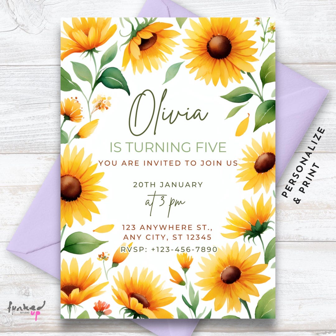 Sunflower Birthday Invitation • Sunflower Themed Birthday Party Invite ...