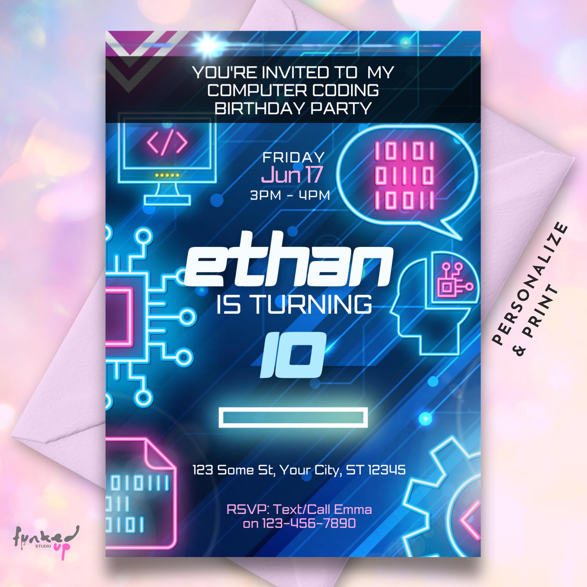 Computer Coding Birthday Invitation • Editable Tech Computer Birthday ...