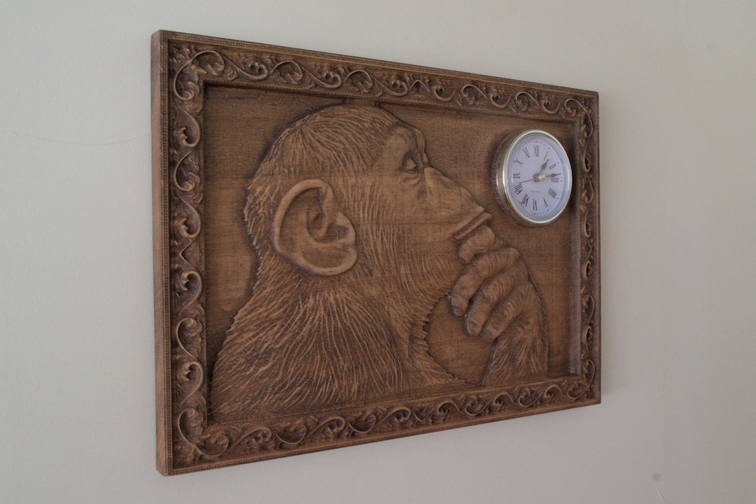 Hand-carved Wooden Thinker Monkey Wall Clock- Unique Home Decor, Rustic ...