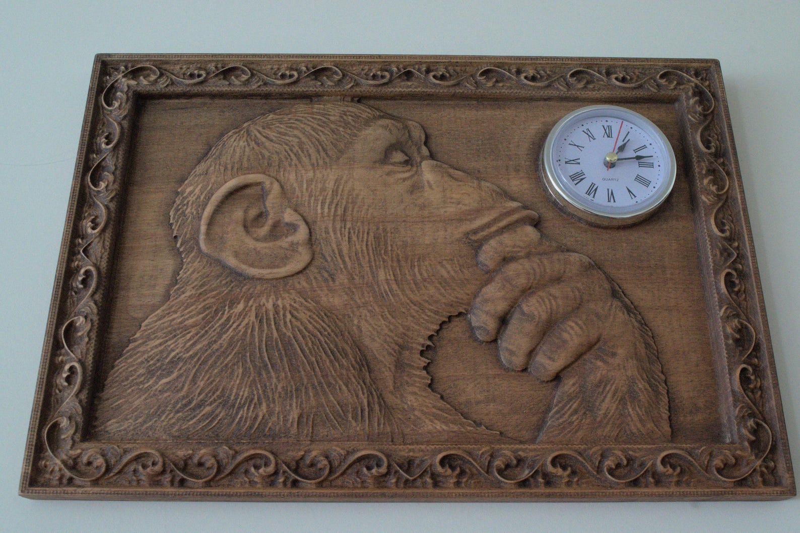 Hand-carved Wooden Thinker Monkey Wall Clock- Unique Home Decor, Rustic Animal Wall Hanging ...