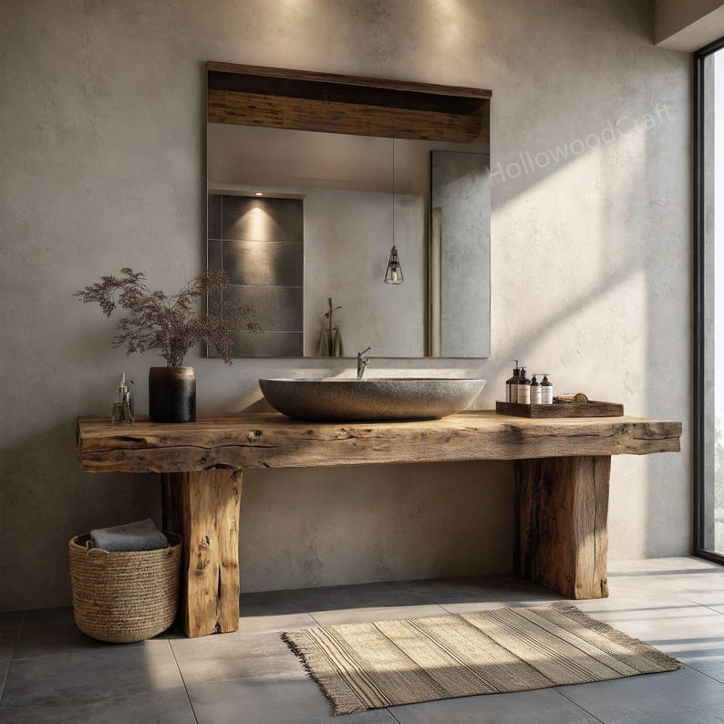 Custom Live Edge Wood Bathroom Vanity – Unique Handmade Farmhouse Sink ...
